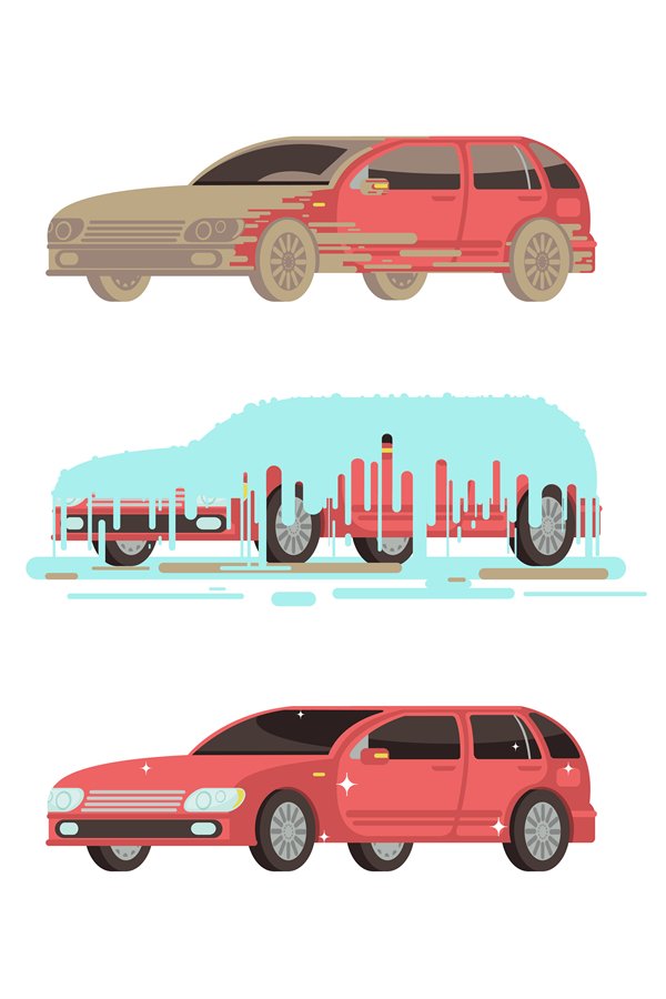 Dirty and clean shine car. Washing stages vector set