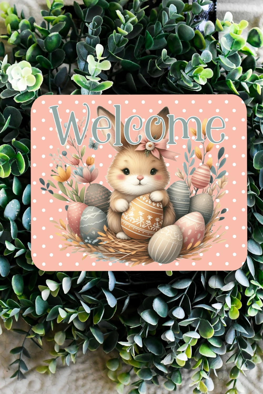 Welcome Easter Bunny Door Sign, Spring Wreath, Sublimation