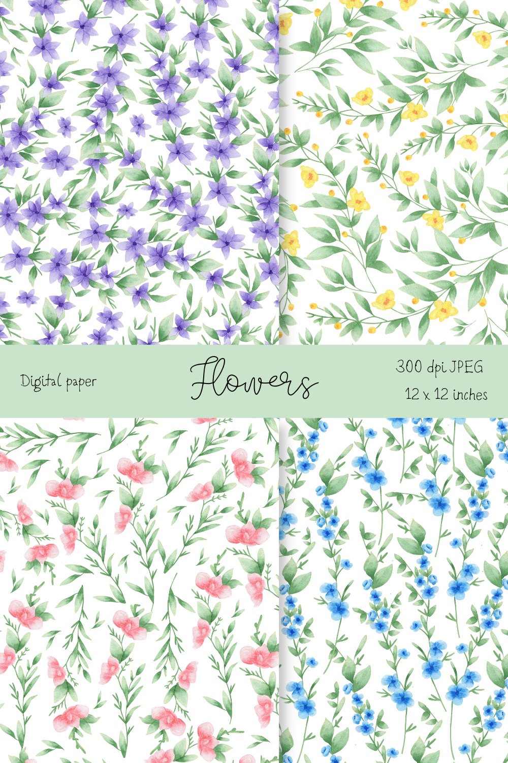 Watercolor floral digital paper, wedding flowers pattern