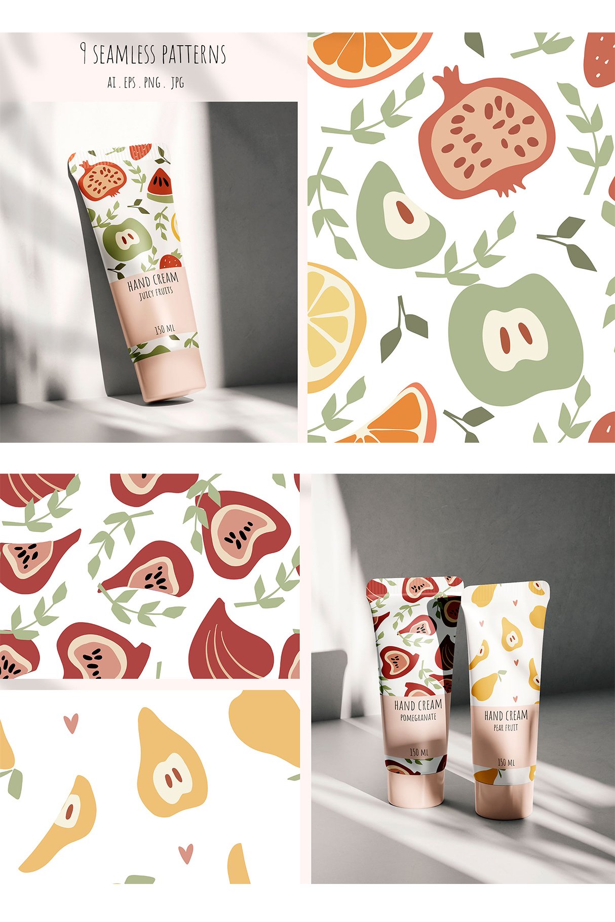 Juicy fruits seamless patterns - 5 vector summer patterns