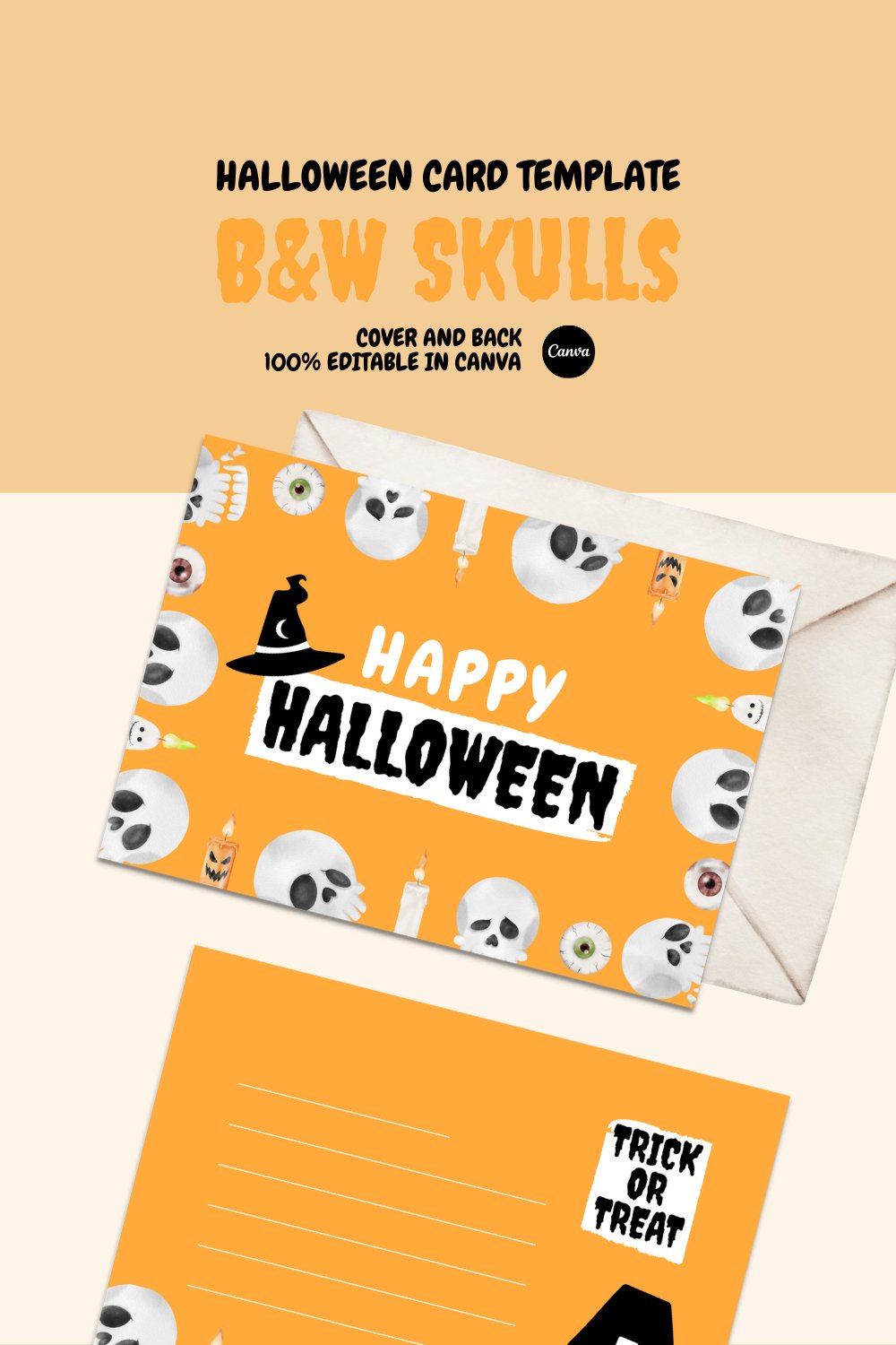 Halloween GREETING CARD B&W Skulls CANVA TEMPLATE