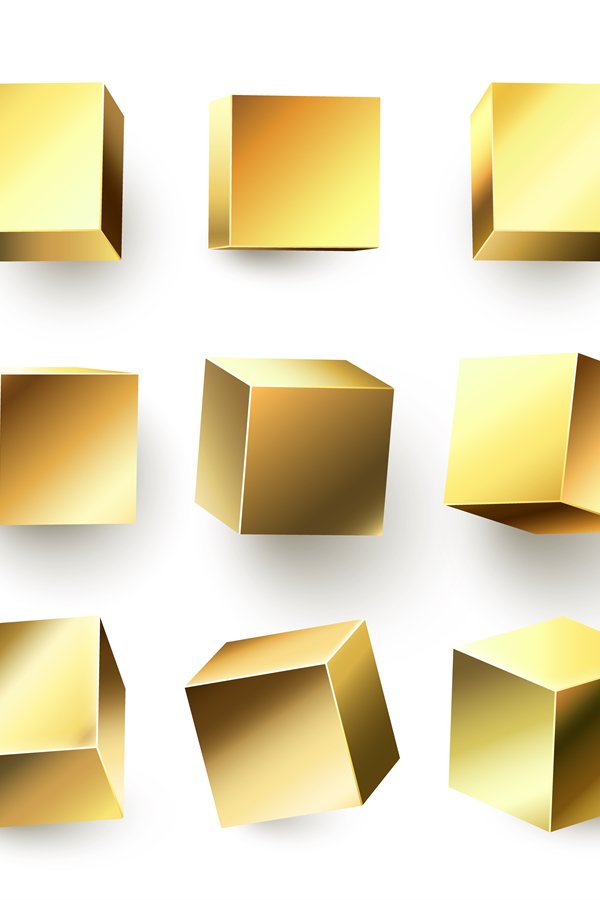 Gold metal cube. Realistic geometric 3D square shape, golden