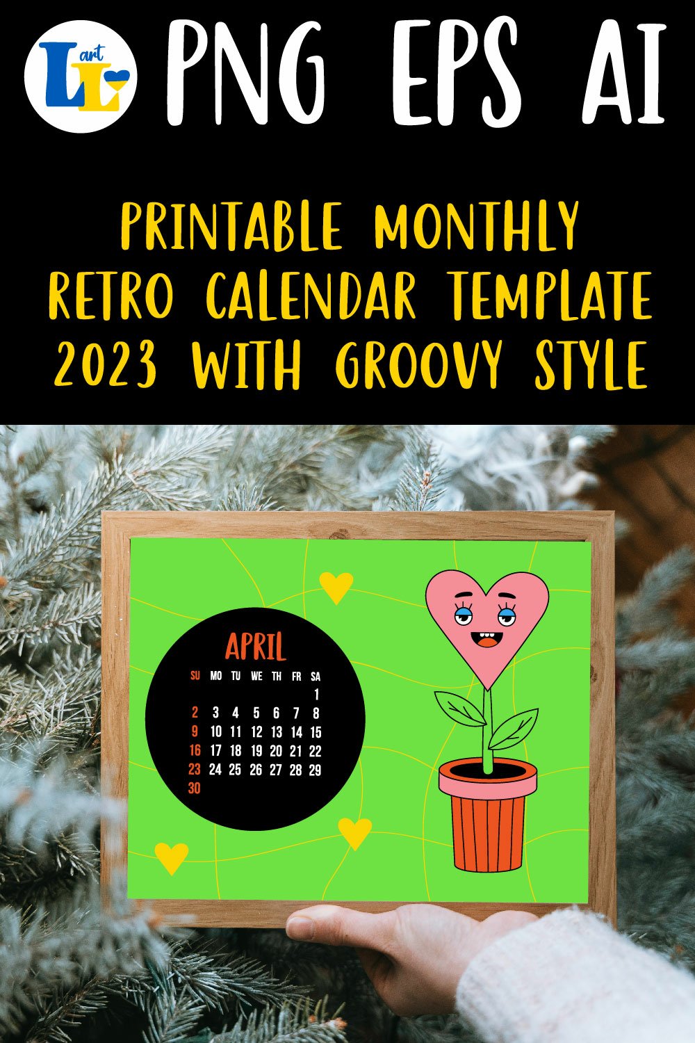 Retro groovy desktop Calendar 2023 Printable monthly templat
