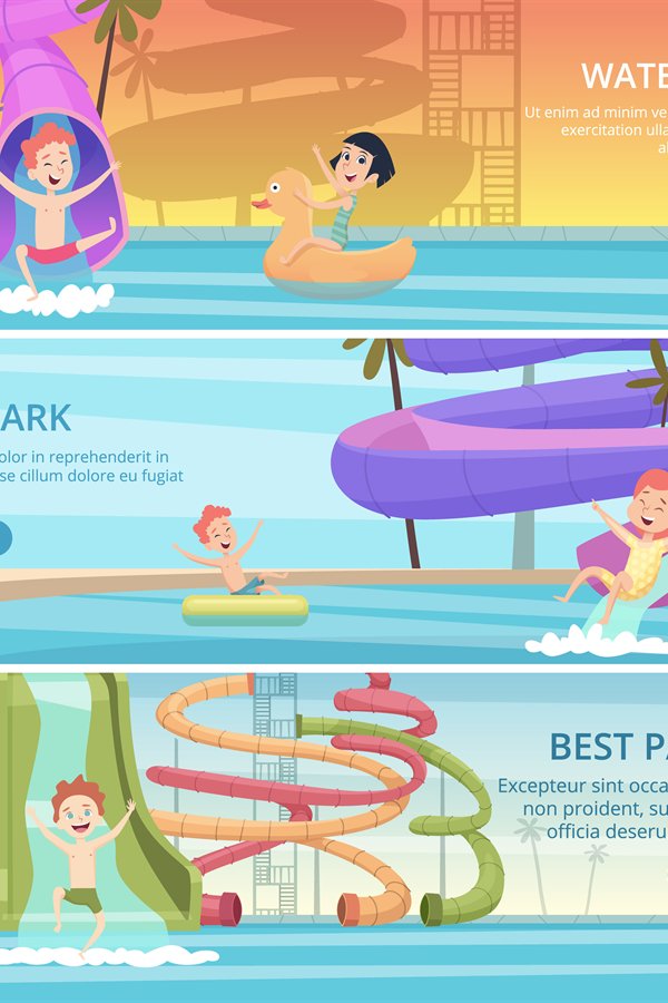 Water park banners. Aqua games funny pleasure for kids at po