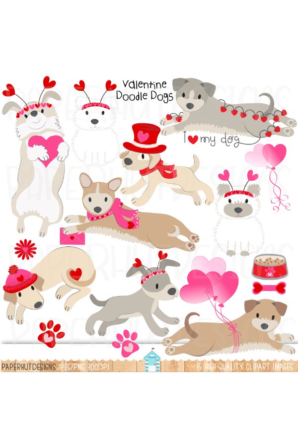Valentine Doodle Dogs Clipart|Valentine Dog Illustrations