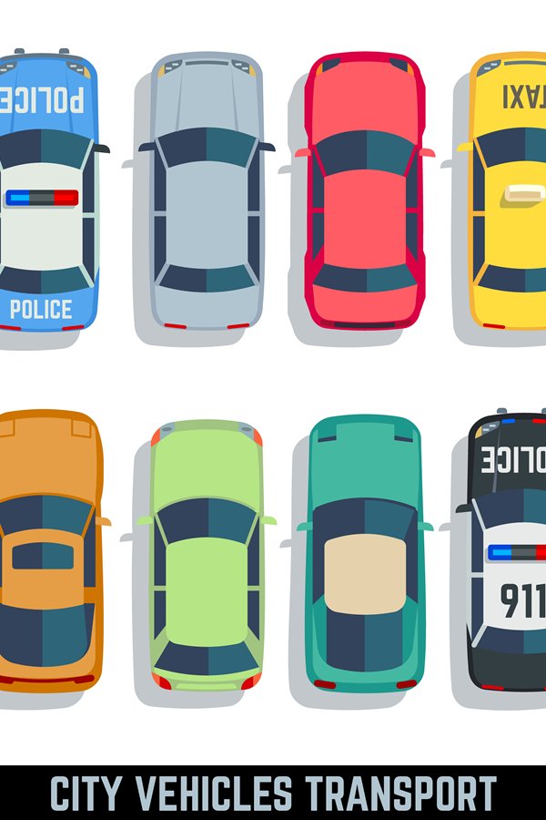 Cars top view vector flat city vehicle transport icons set