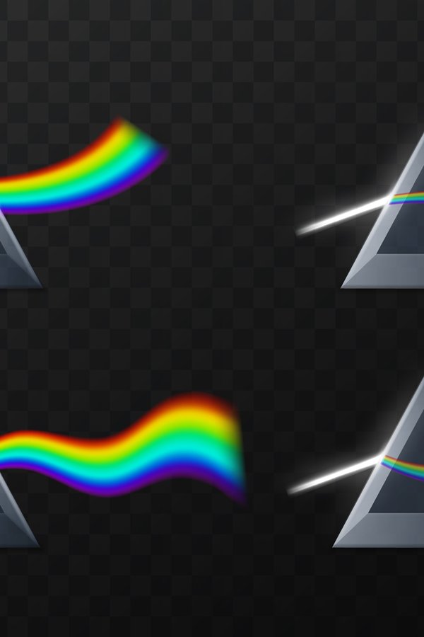 Prism rainbow shapes. Realistic physics refraction, triangul