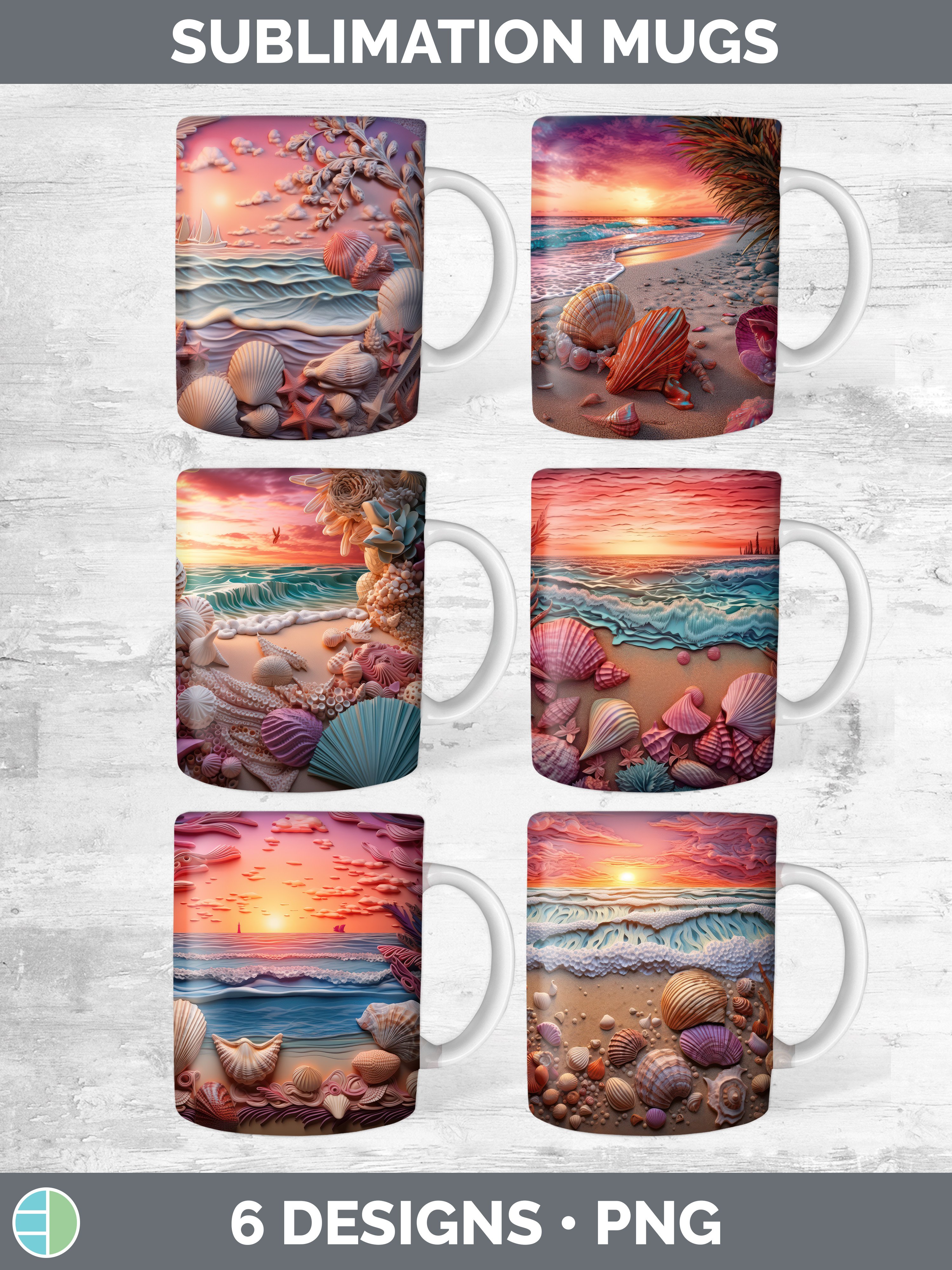 3D Seashell Beach Mug Wrap | Sublimation Coffee Cup Designs