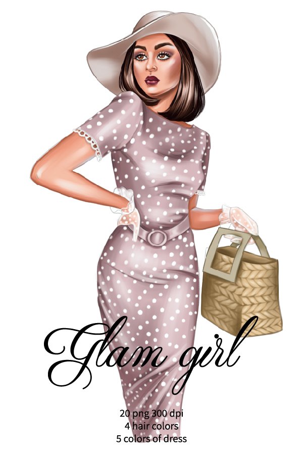 Fashion girl in polka dots dress clipart, planner girl png