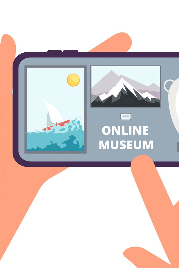 Online museum. Hands holding smartphone with tour of exhibit