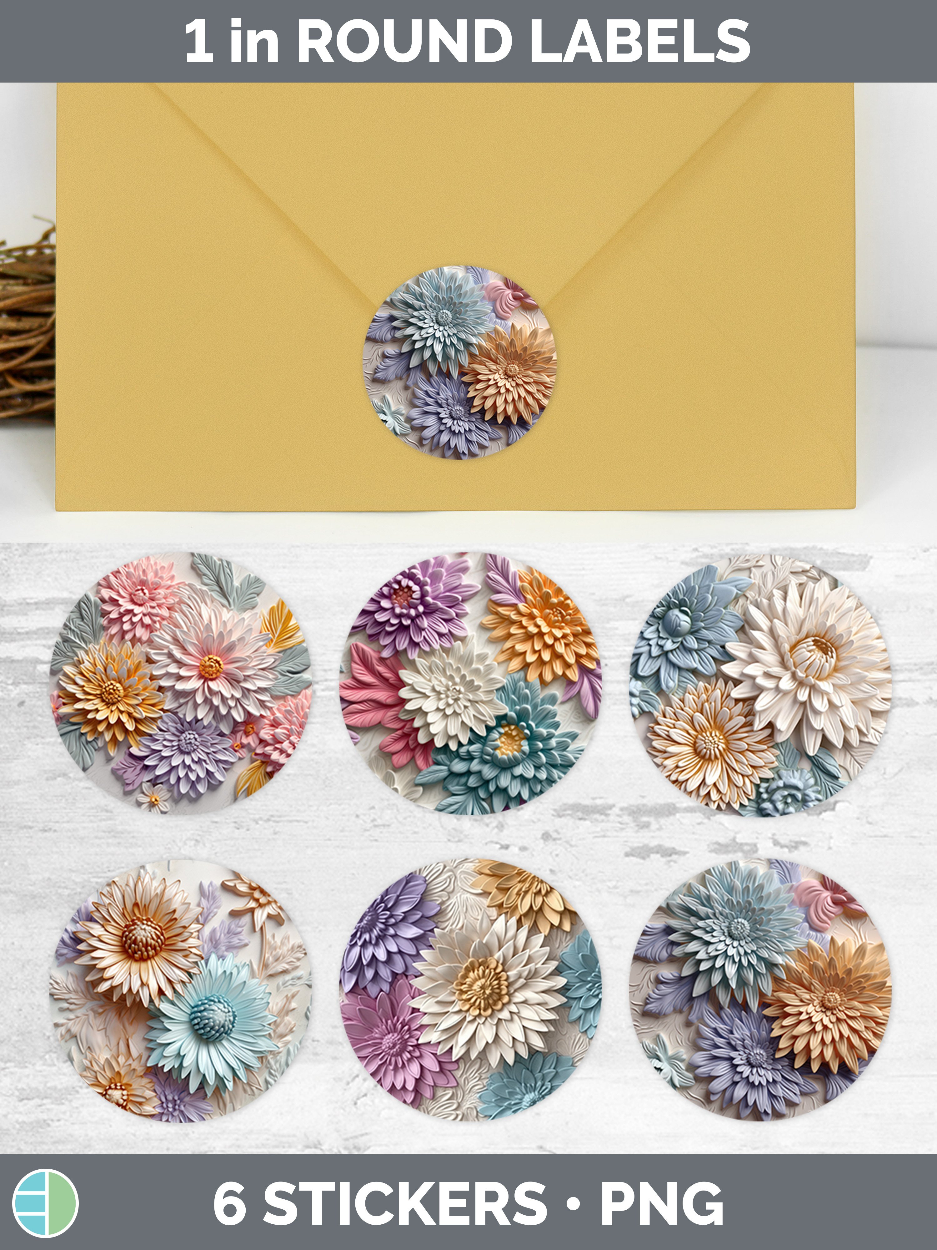 3D Aster Flowers Stickers | Round Labels Designs Bundle