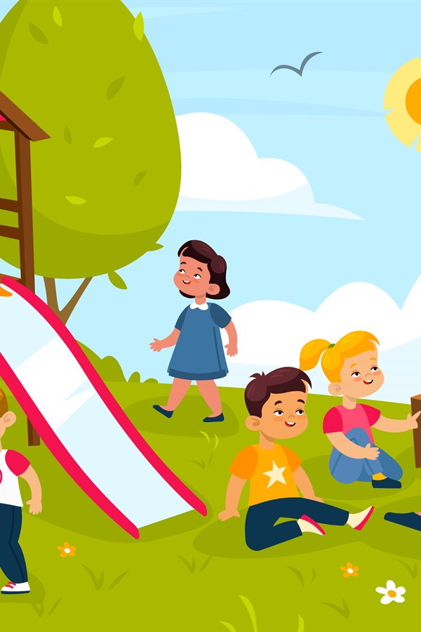 Kids playing outdoor. Cheerful preschool children and teache