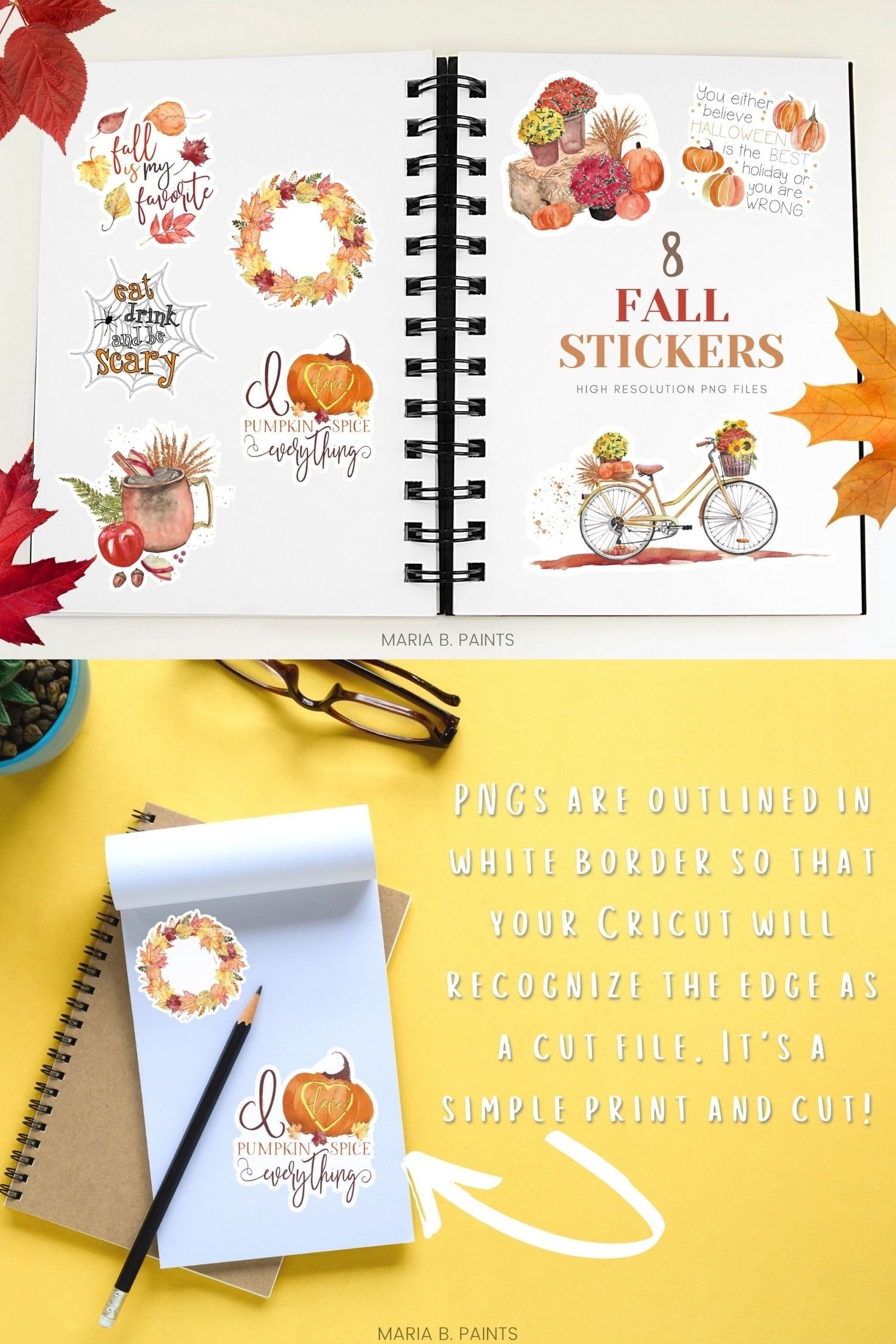 Fall Stickers PNG Autumn Sticker Sheet Watercolor Cricut