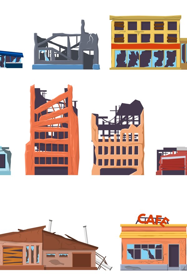 Ruined broken abandoned damaged old architecture buildings.