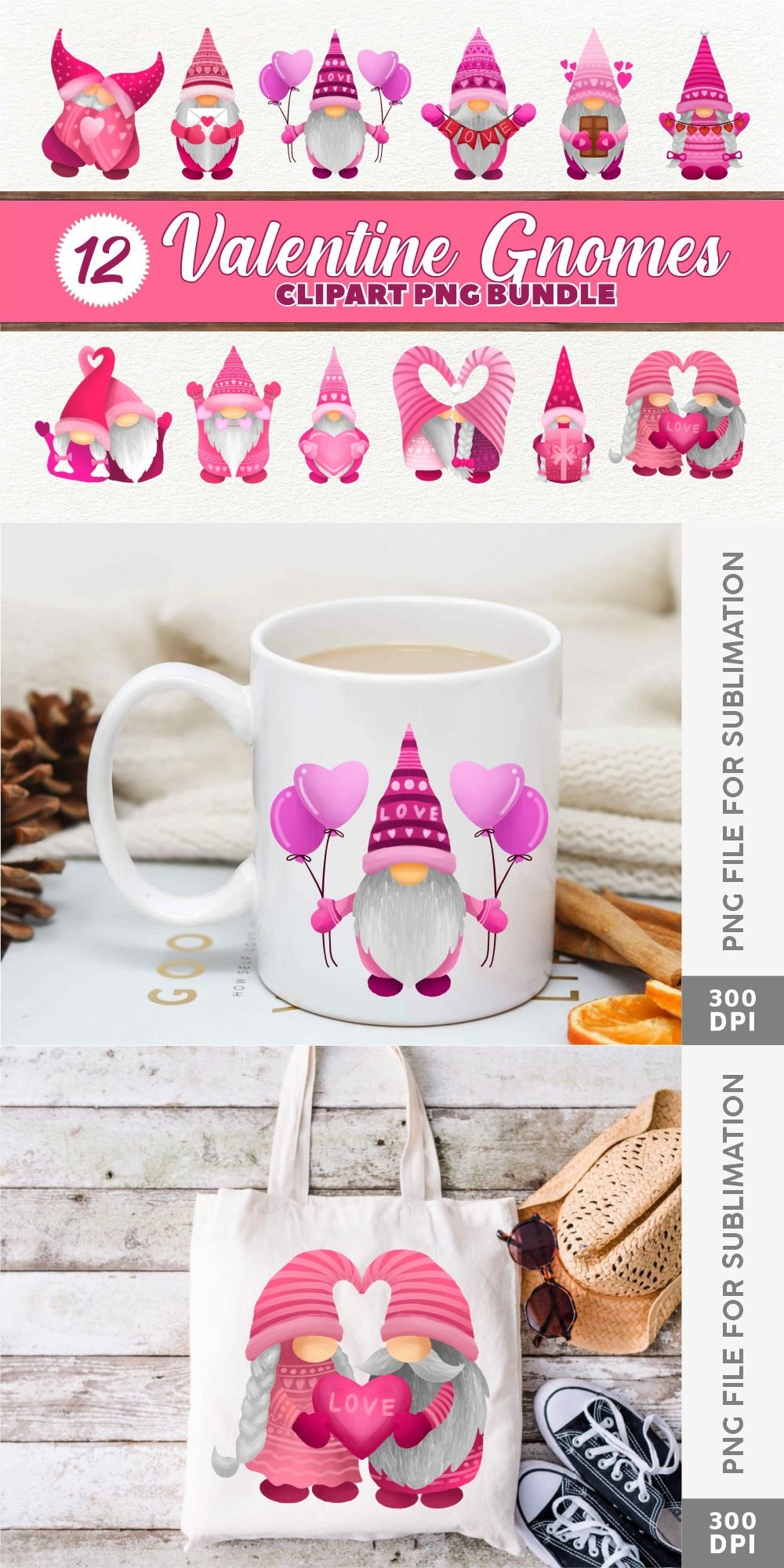 Valentine Gnomes Clipart PNG Bundle, Valentines Day Gnome