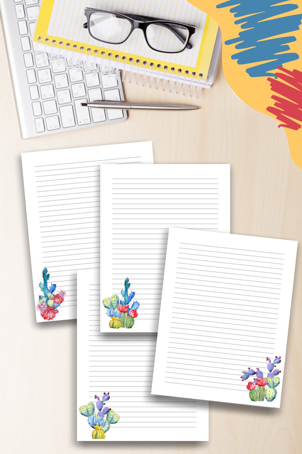 Vivid Cactus Stationary, Watercolor Succulents Lined Paper