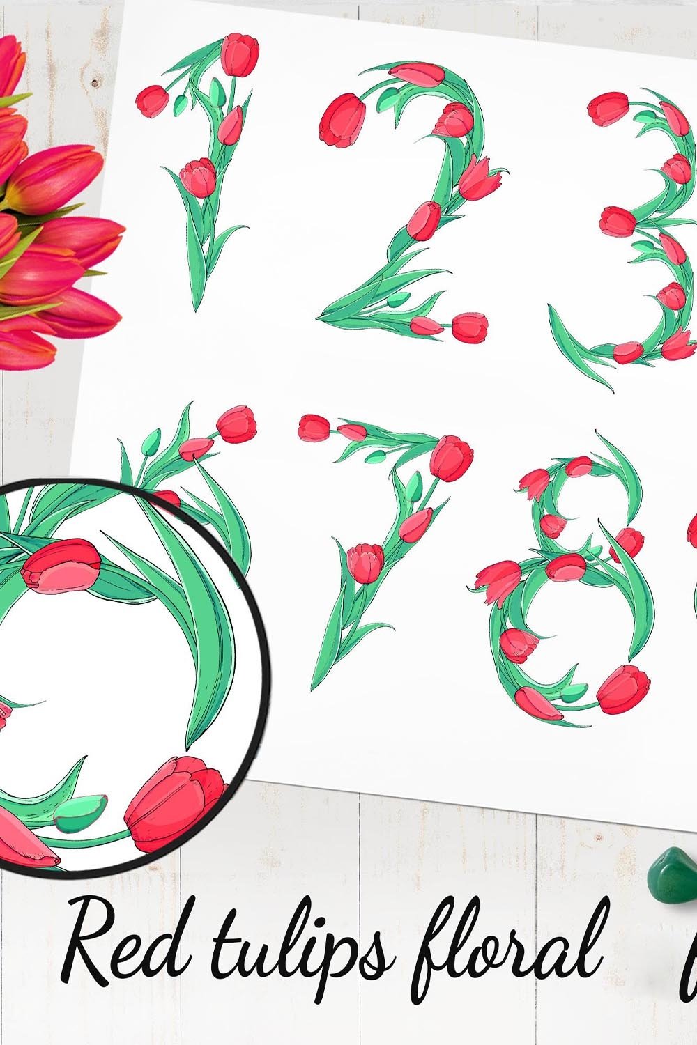 Red tulips hand drawn floral vector numbers for special date