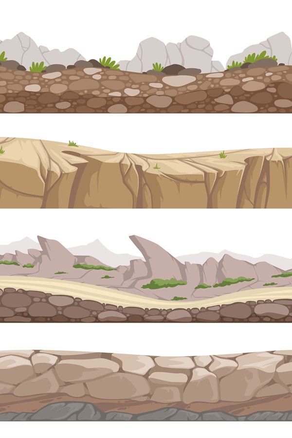 Stone road seamless. Rocky game backgrounds with various typ