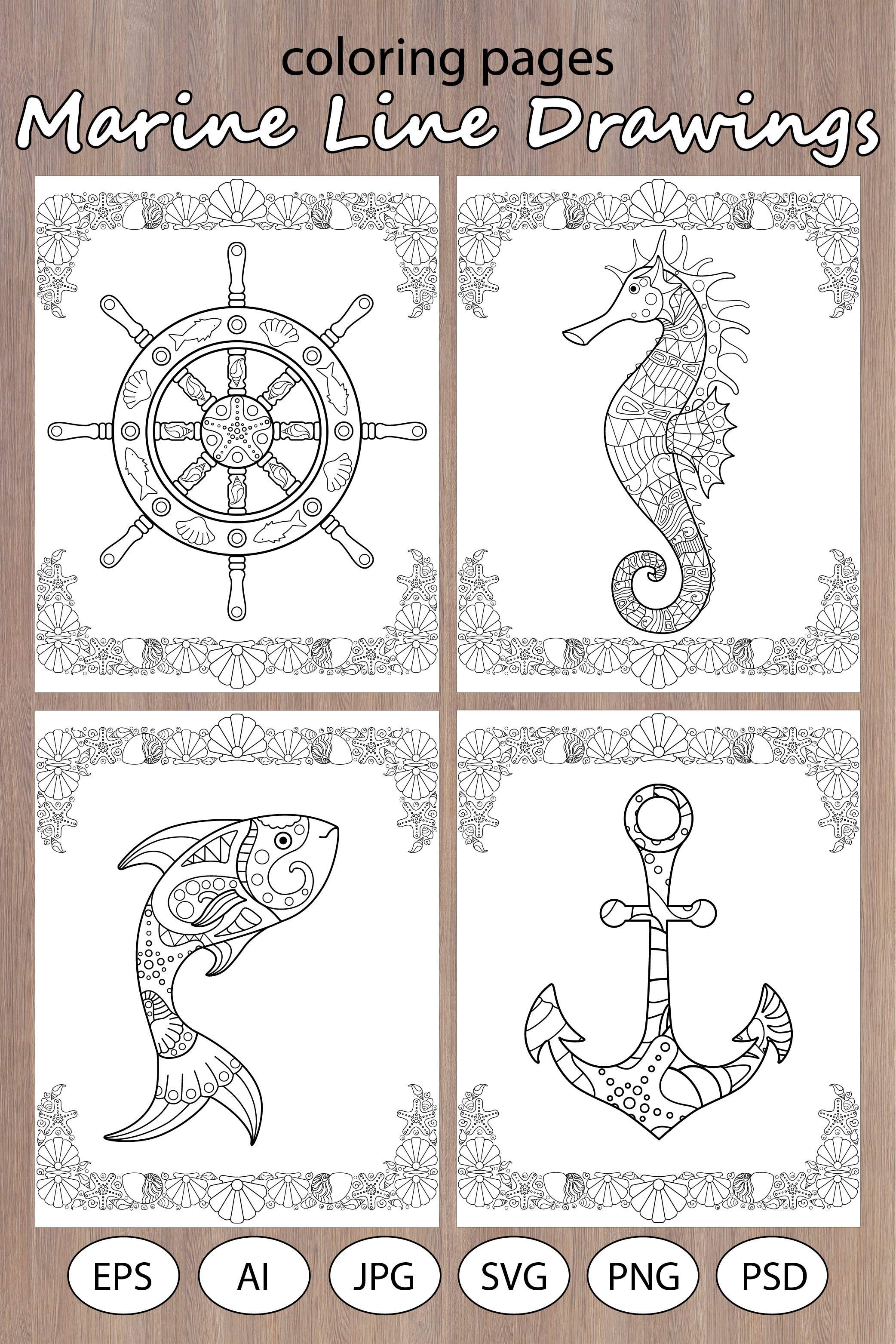 7 Marine Line Drawings for coloring