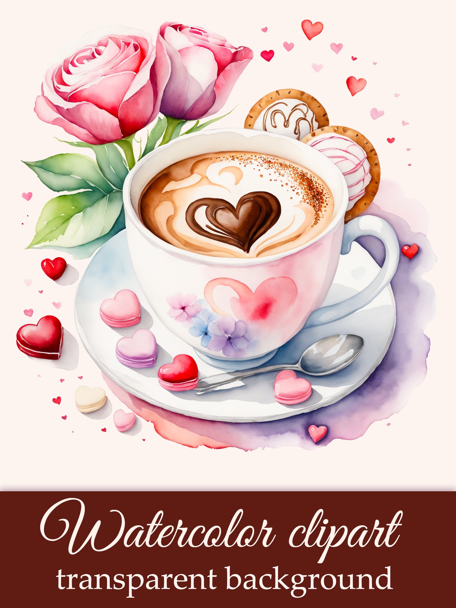 Watercolor coffee cup with hearts and chocolate, clipart Png