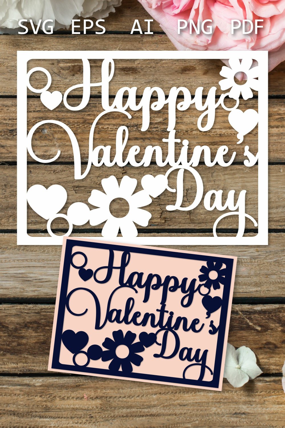 Valentine's card with hearts and flowers, paper cut template