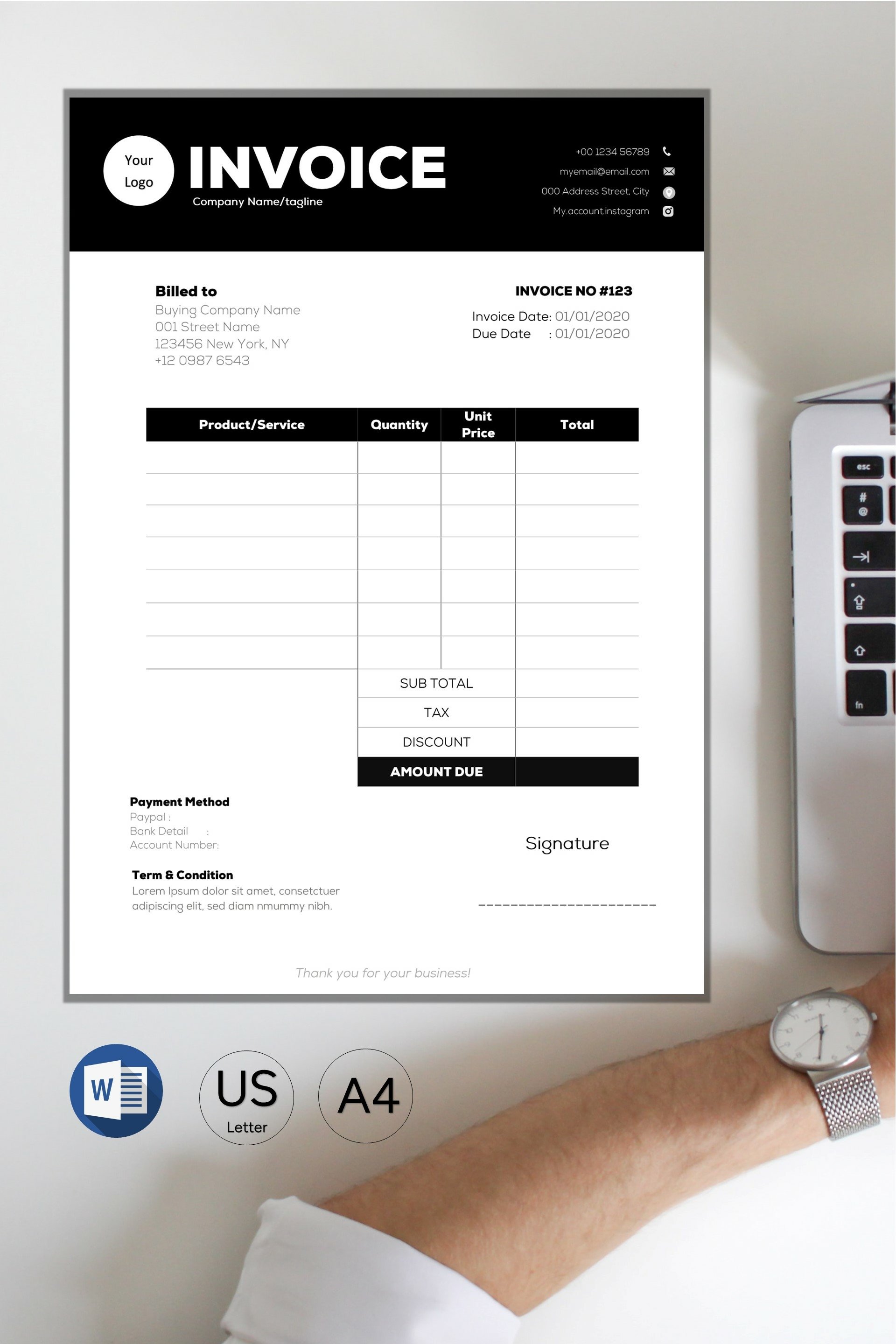 Modern invoice template Word, receipt template, invoice form