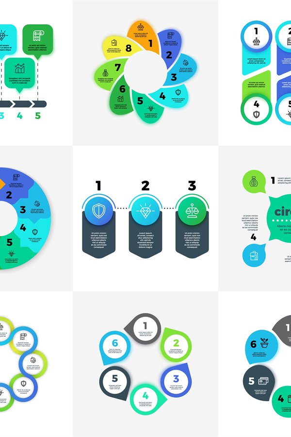 Business infographic option charts with marketing icons. Wor