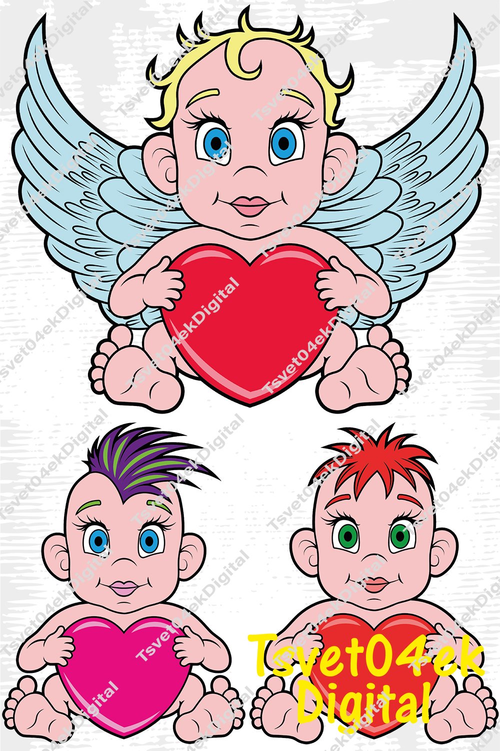 Funny smiling babies with a heart in their hands