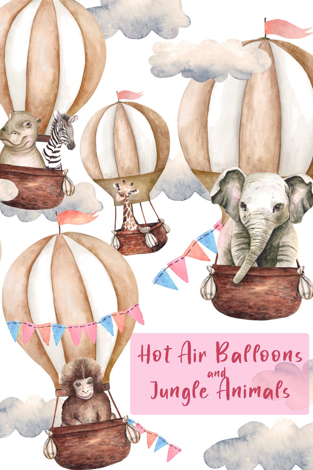 Watercolor Jungle Animals and Hot Air Balloons Clipart PNG