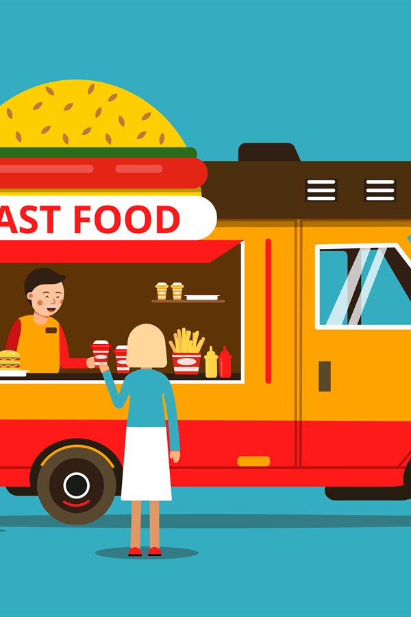 Cartoon illustration of food truck on the street. Vector pic