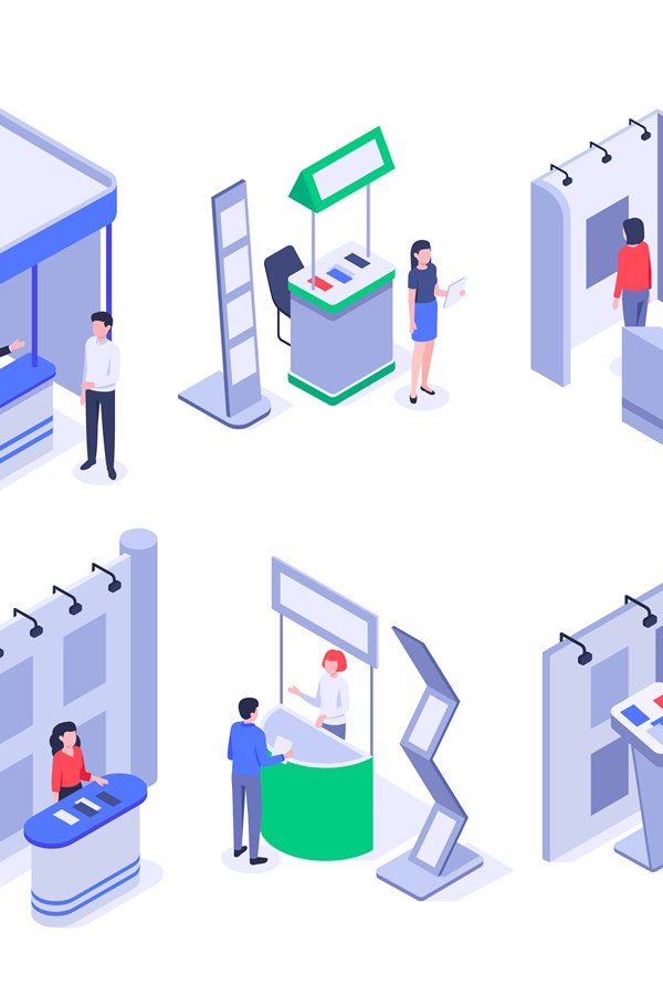 Isometric sale stands. Expo demonstration stand, product exh