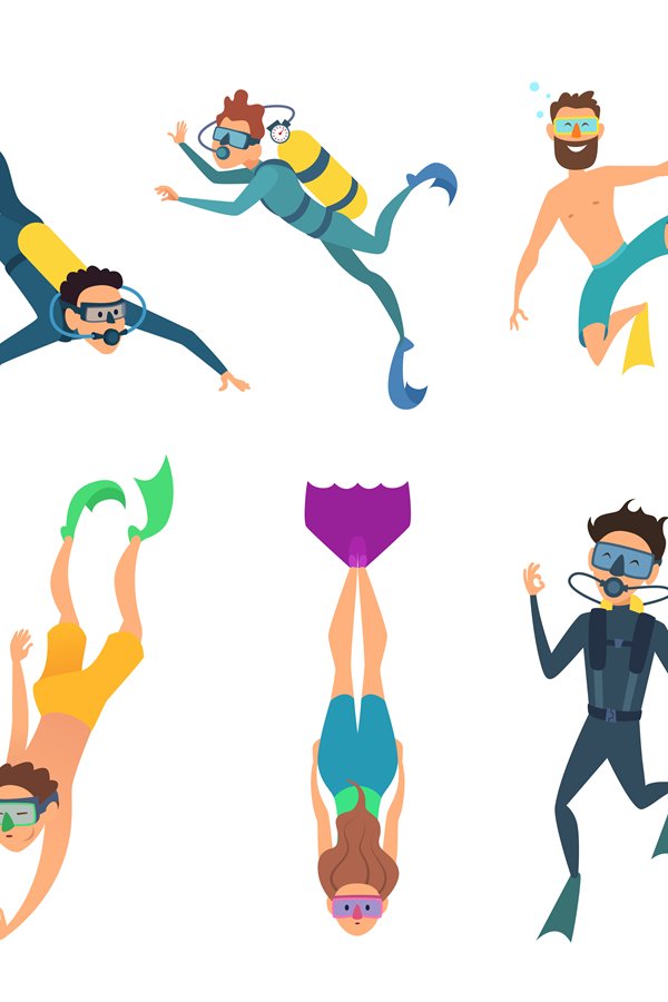 Set of cartoon characters. Underwater divers