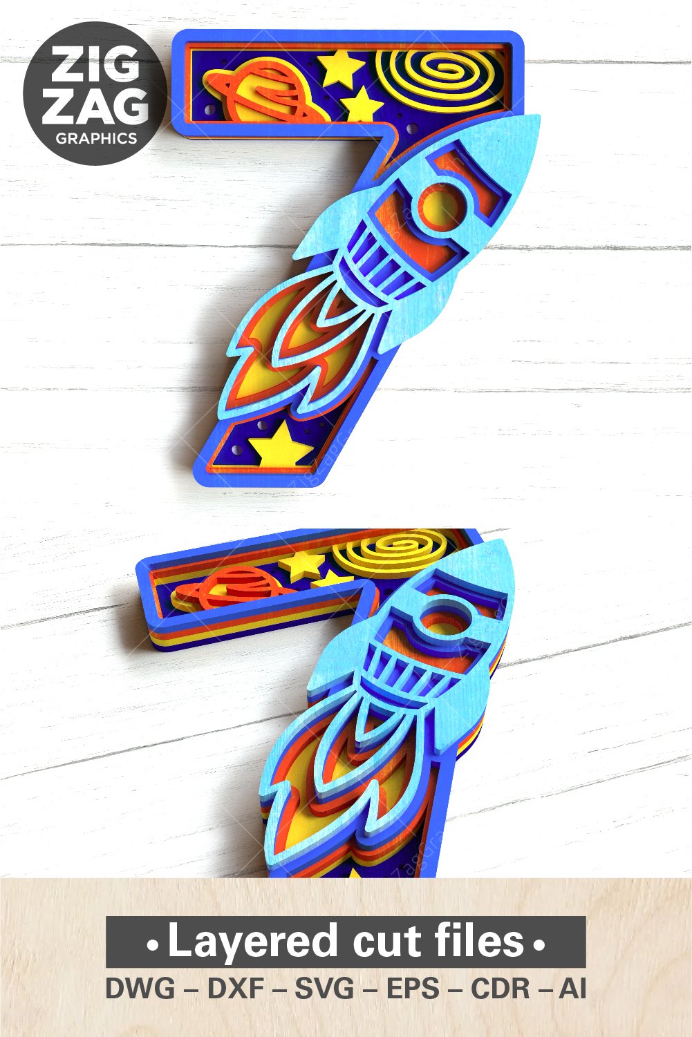 layered kids number 7 with space rocket astronaut and stars