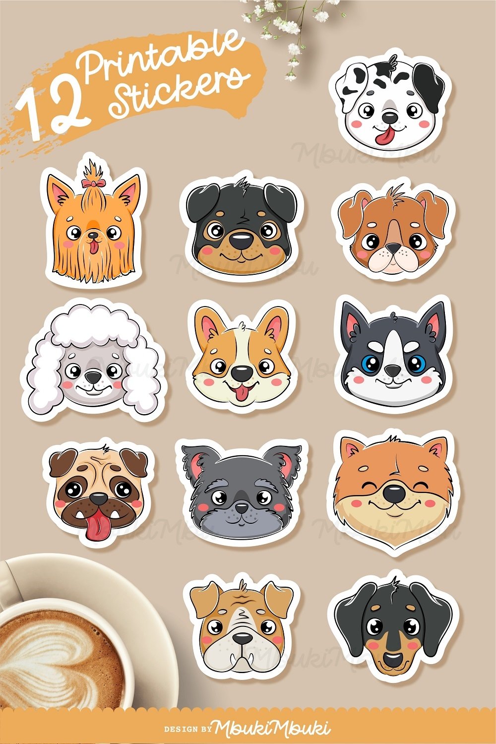 Cute Kawaii Dog Portraits | Printable Stickers