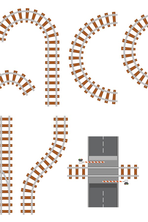 Flat railway and railroad elements top view. Train track map