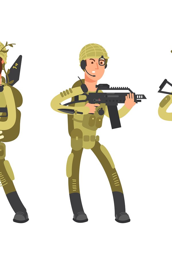 Us army cartoon man and woman soldiers in uniform. Military