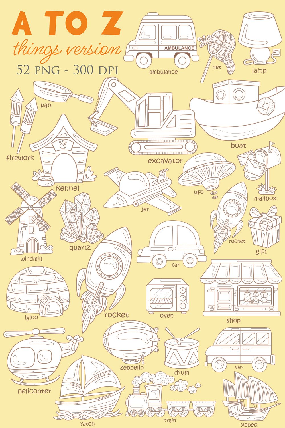 Cute Alphabet A to Z Object Vocabulary School Digital Stamp