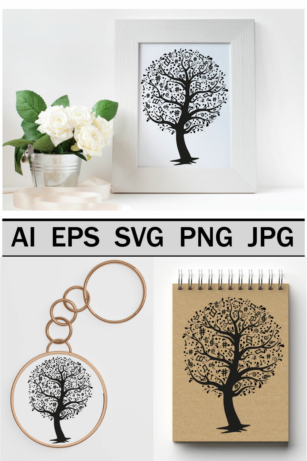 Tree with musical notes, svg monogram for print