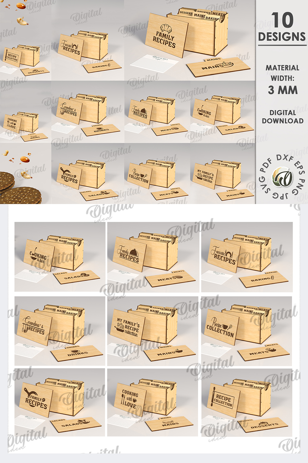 Family Recipe Box Bundle Laser Cut. 3D Recipe Cards Holder