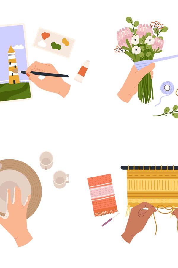 Hands create crafts. Handmade hobbies, creative work and art