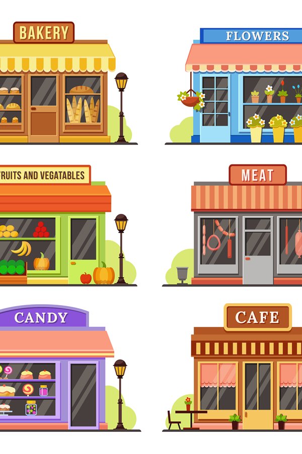 Flat store. Modern shop, boutique shopfront and restaurant f