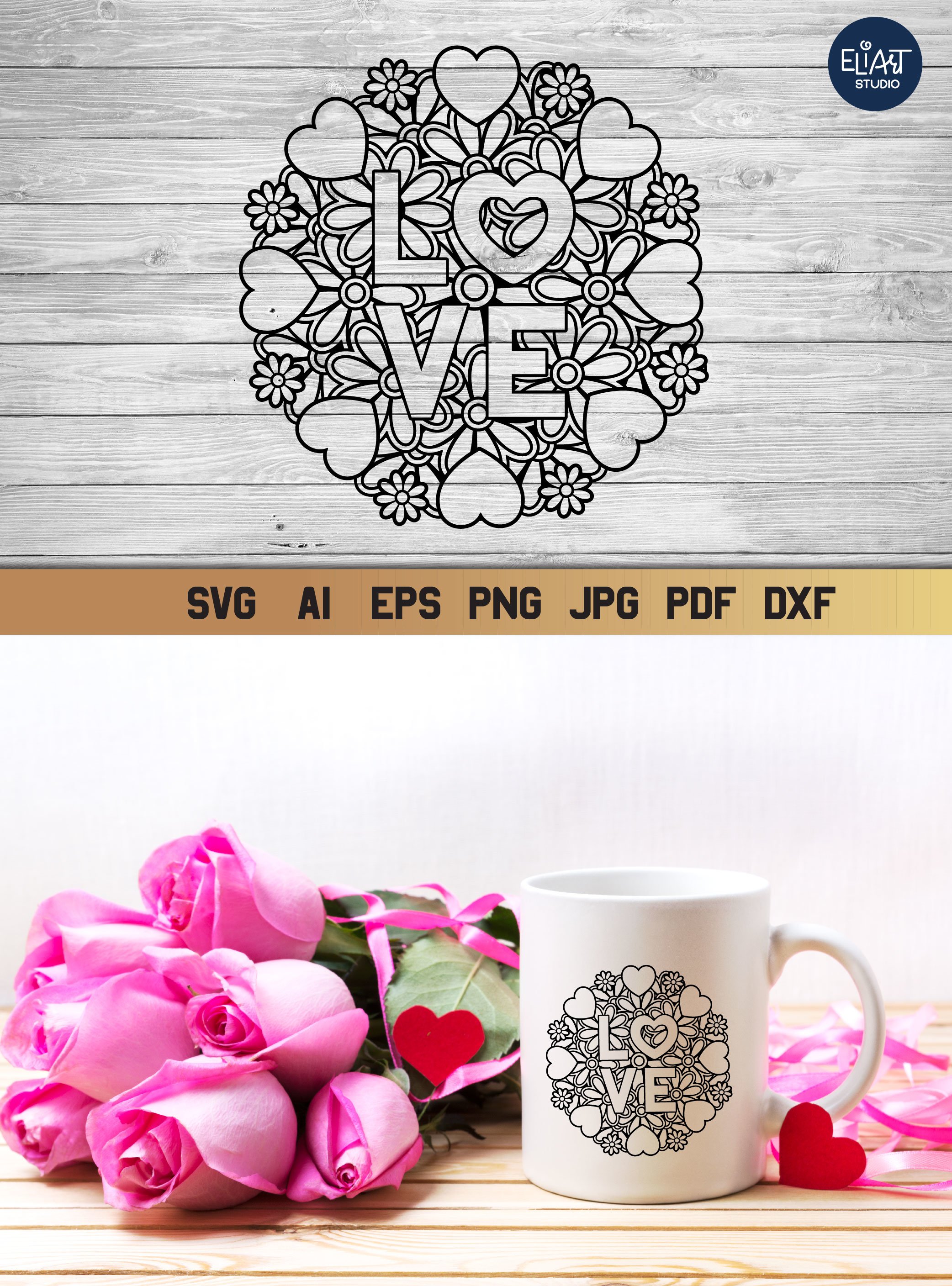 Mandala SVG with Hearts and Flowers | Valentines SVG