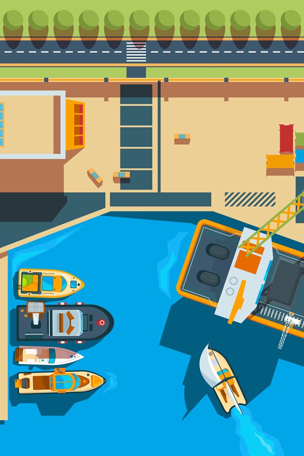 Ship top view. Seaside cargo boats dockyard terminal vector