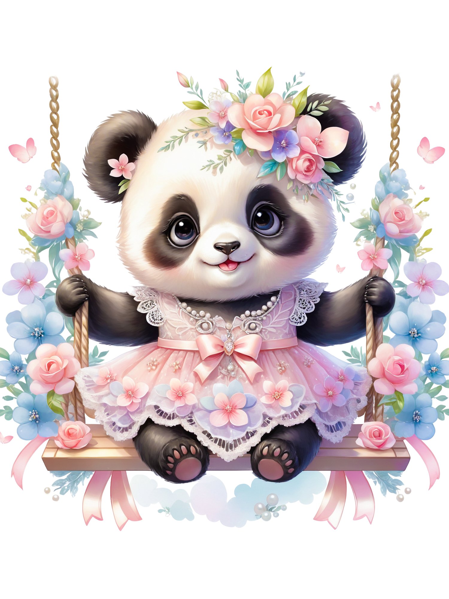 Watercolor Drawing Cute Baby Panda on swing, Clipart, Png,
