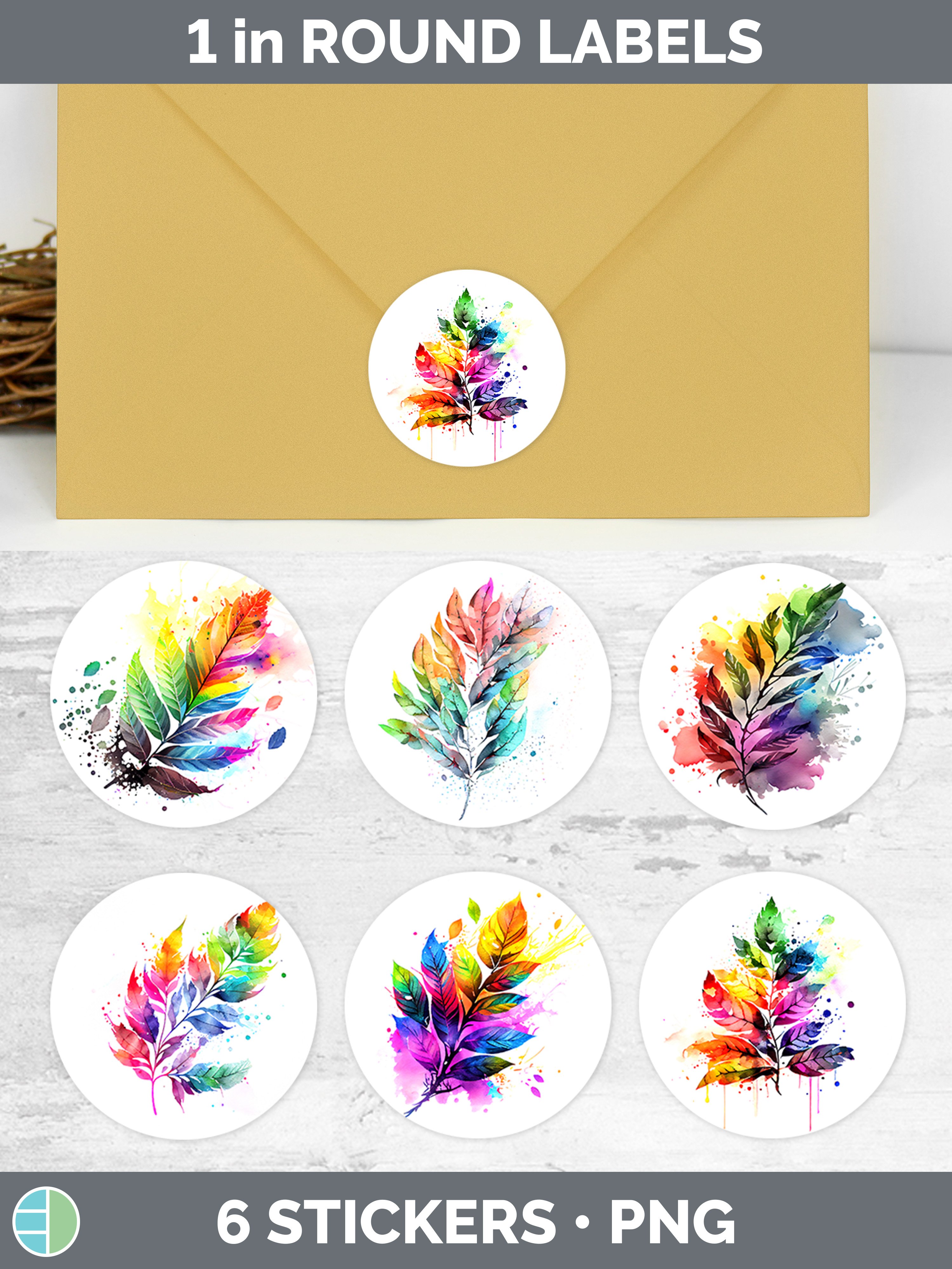 Rainbow Ash Leaves Stickers | Round Labels Designs Bundle