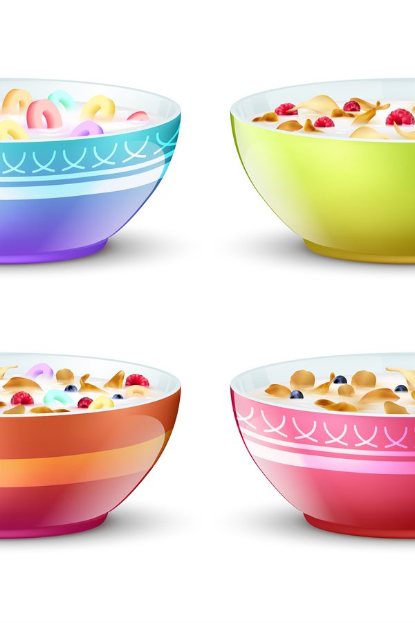 Bowls of breakfast with different milk cereal snacks. Vector