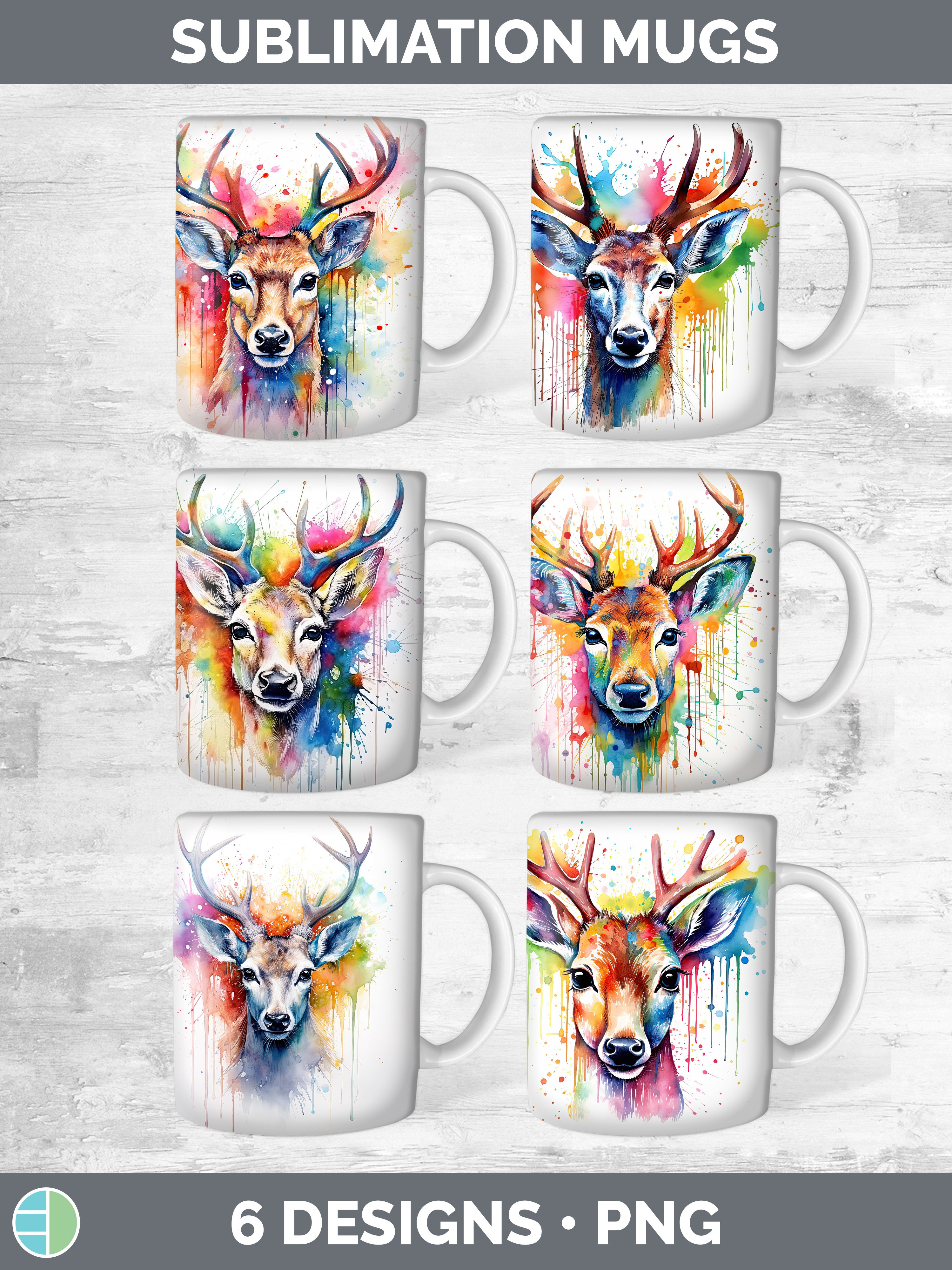 Splat Rainbow Deer Mug Wrap | Sublimation Coffee Cup Designs