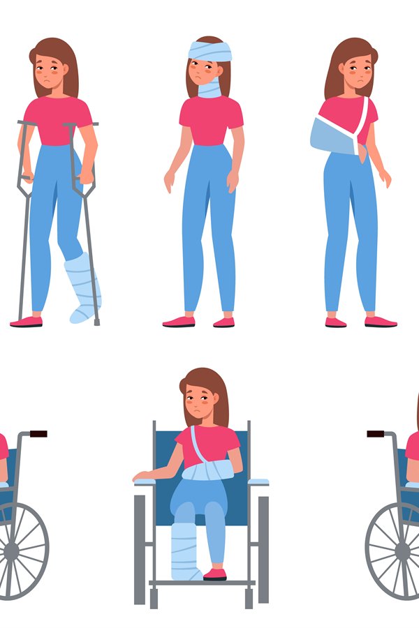 Woman with injury. Female character with wounds, fractures a