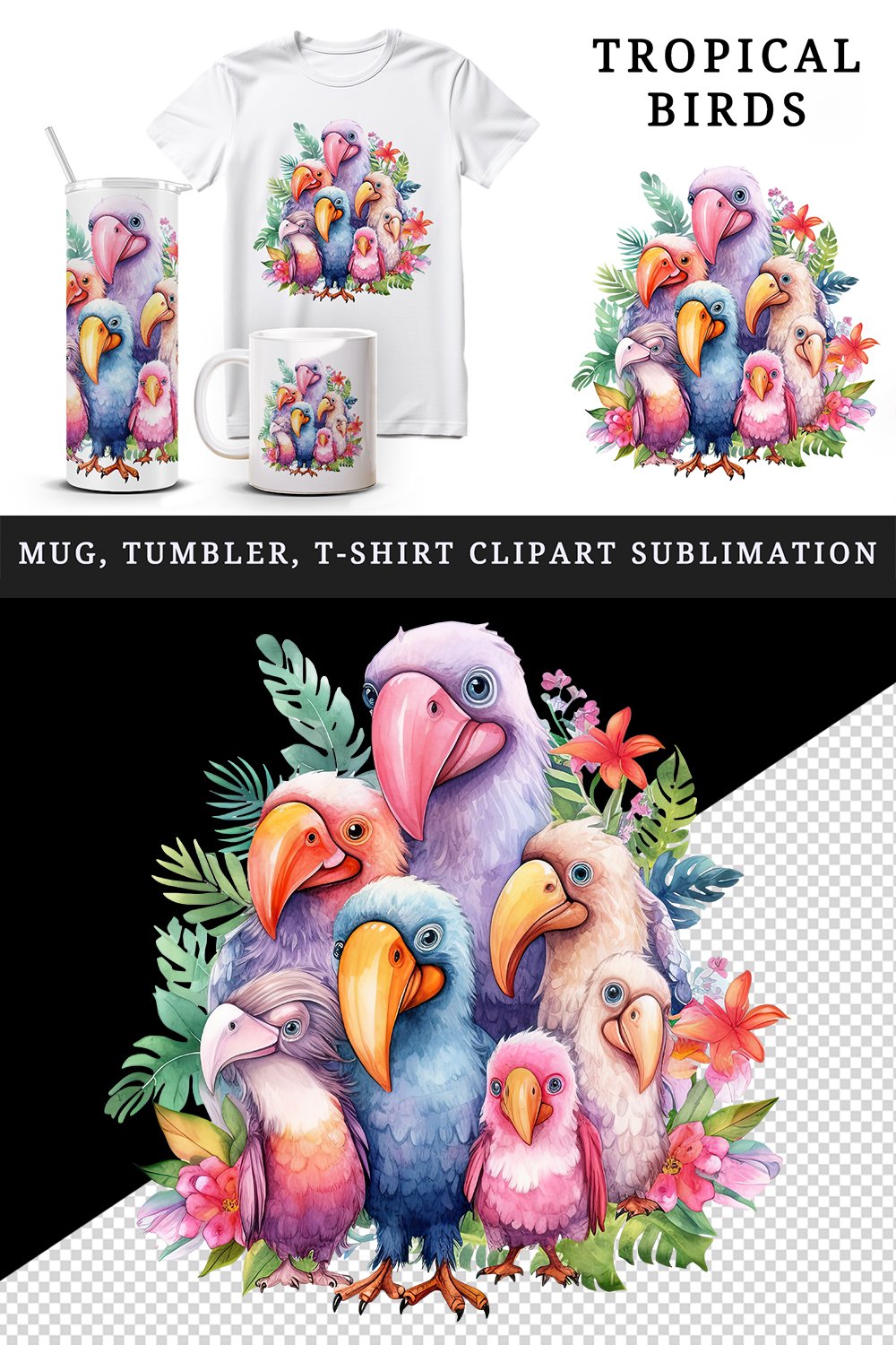 Tropical birds tumbler, mug wrap, clipart sublimation design