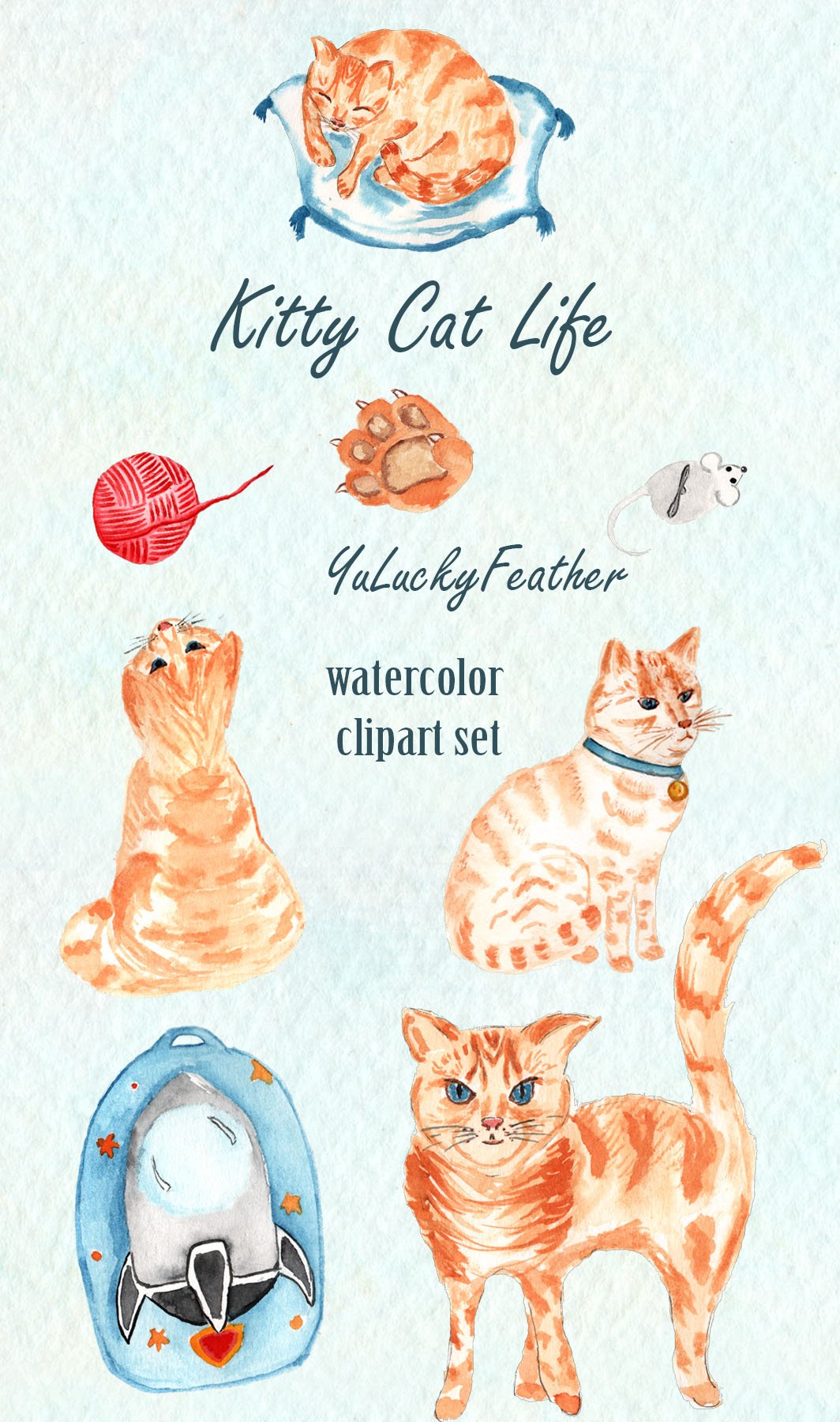 Kitty Cat Life watercolor clipart set